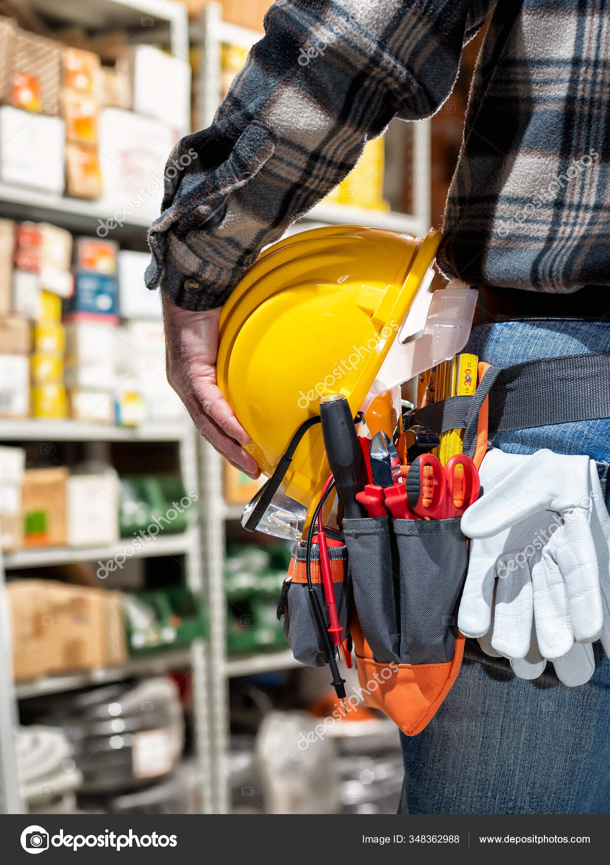 Electrician Electrical Component Store Holds Helmet Goggles His Hand ...