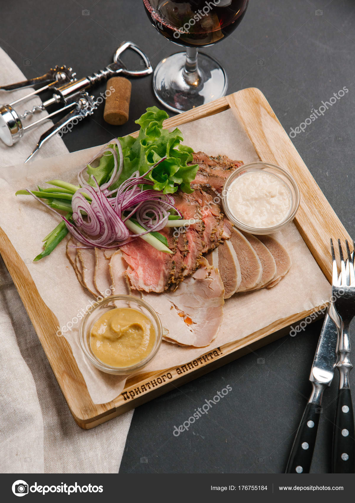 Made Dish Different Kinds Meat Served Two Sauces Salad Leaves Stock ...