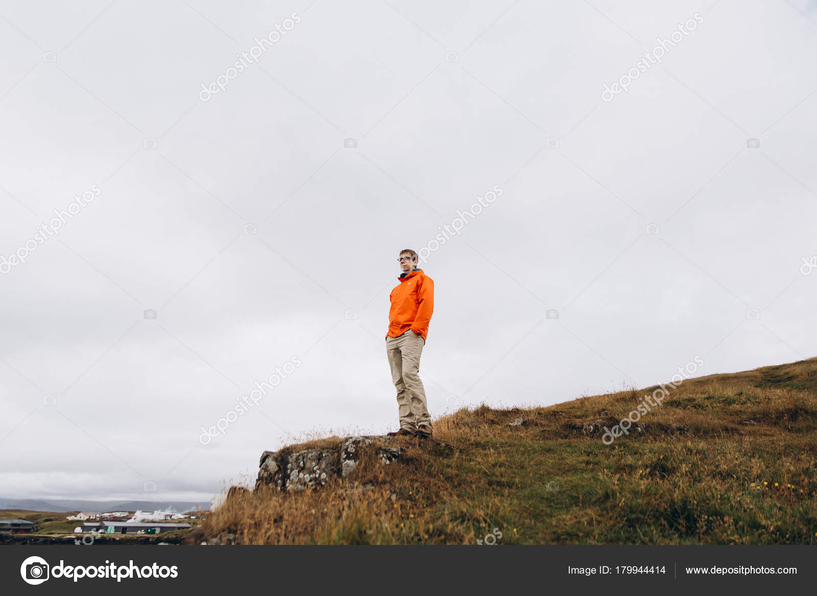 Bottom View Man Standing Edge Cliff Cold Rainy Day Stock Photo by ...