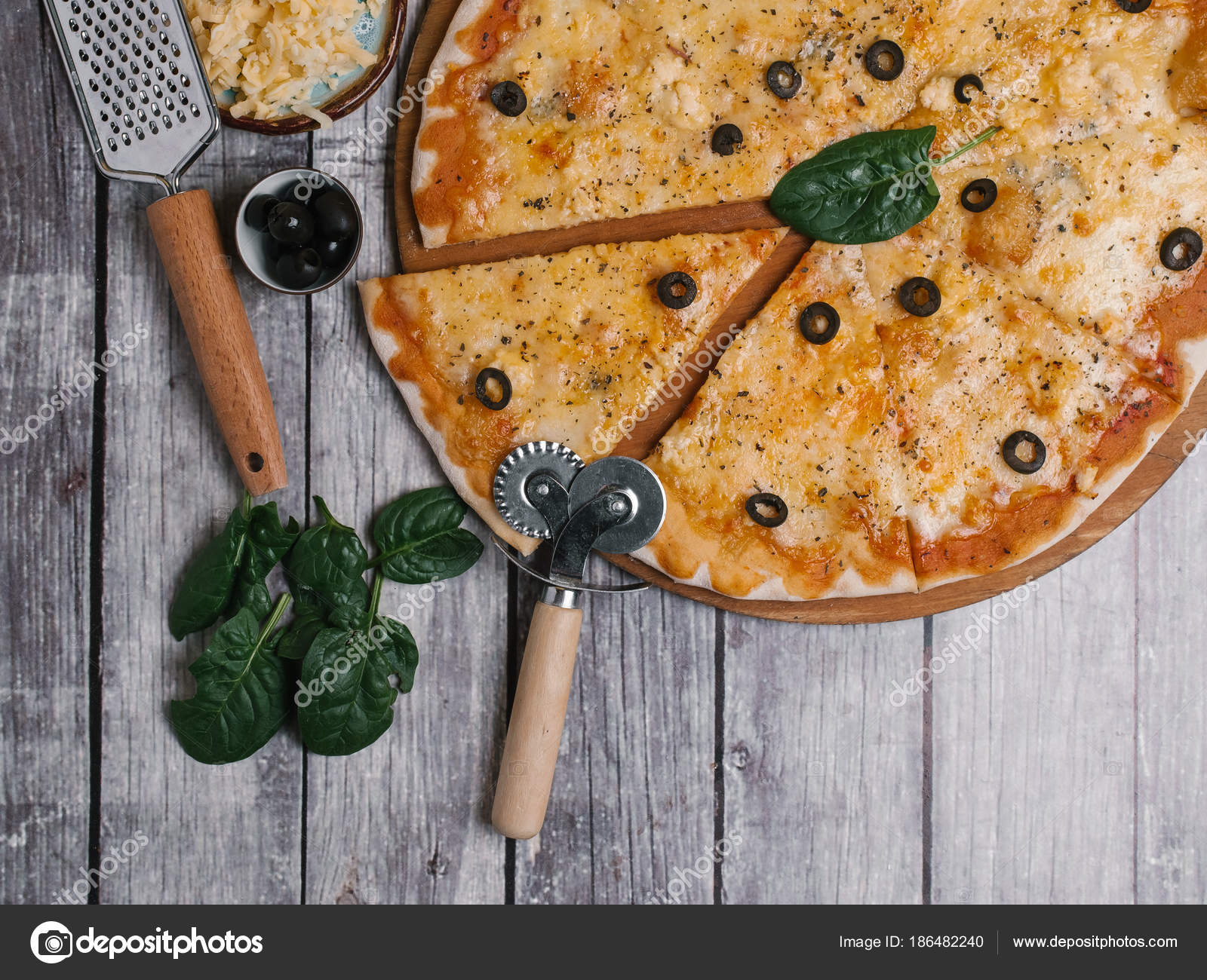 Top View Pizza Mozzarella Parmesan Tomato Sauce Olives Served Wooden ...