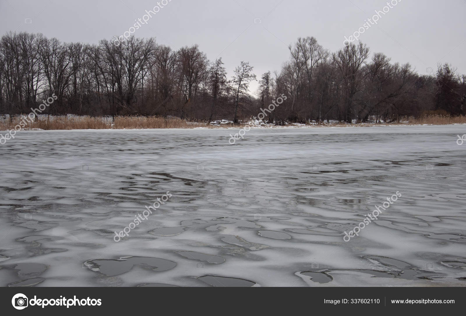 Spring landscape with a river melting from ice, water glades and forest ...