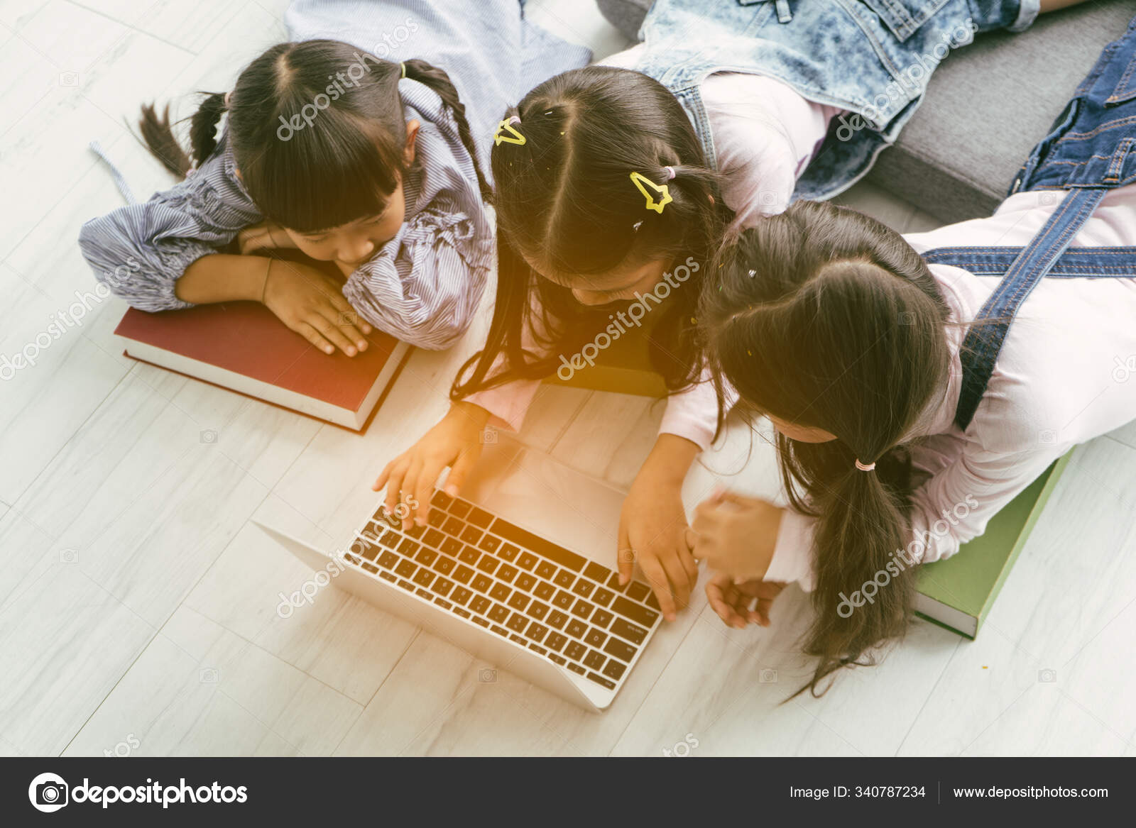 Education Learning Digital Lifestyle Concept Three Happy Kids Learning ...