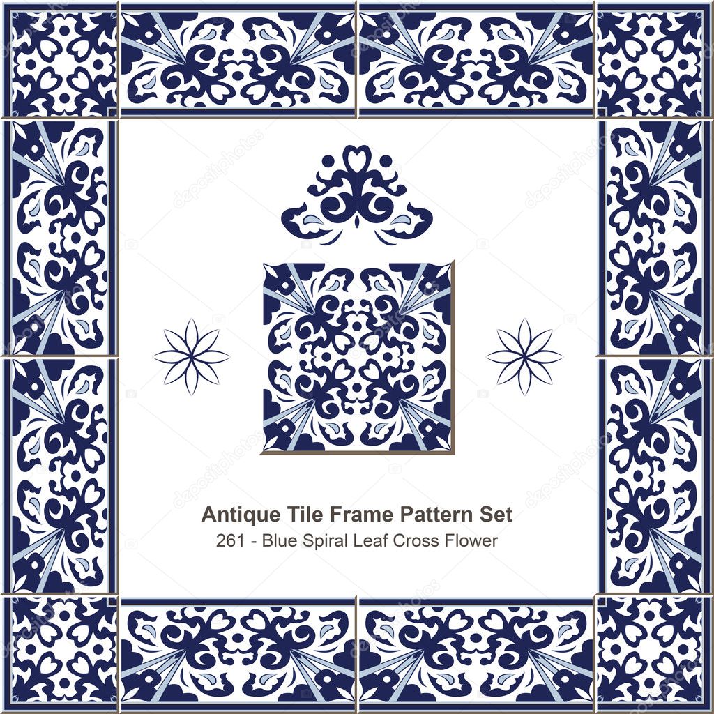 Antique tile frame pattern set_261 Blue Spiral Leaf Cross Flower Stock ...