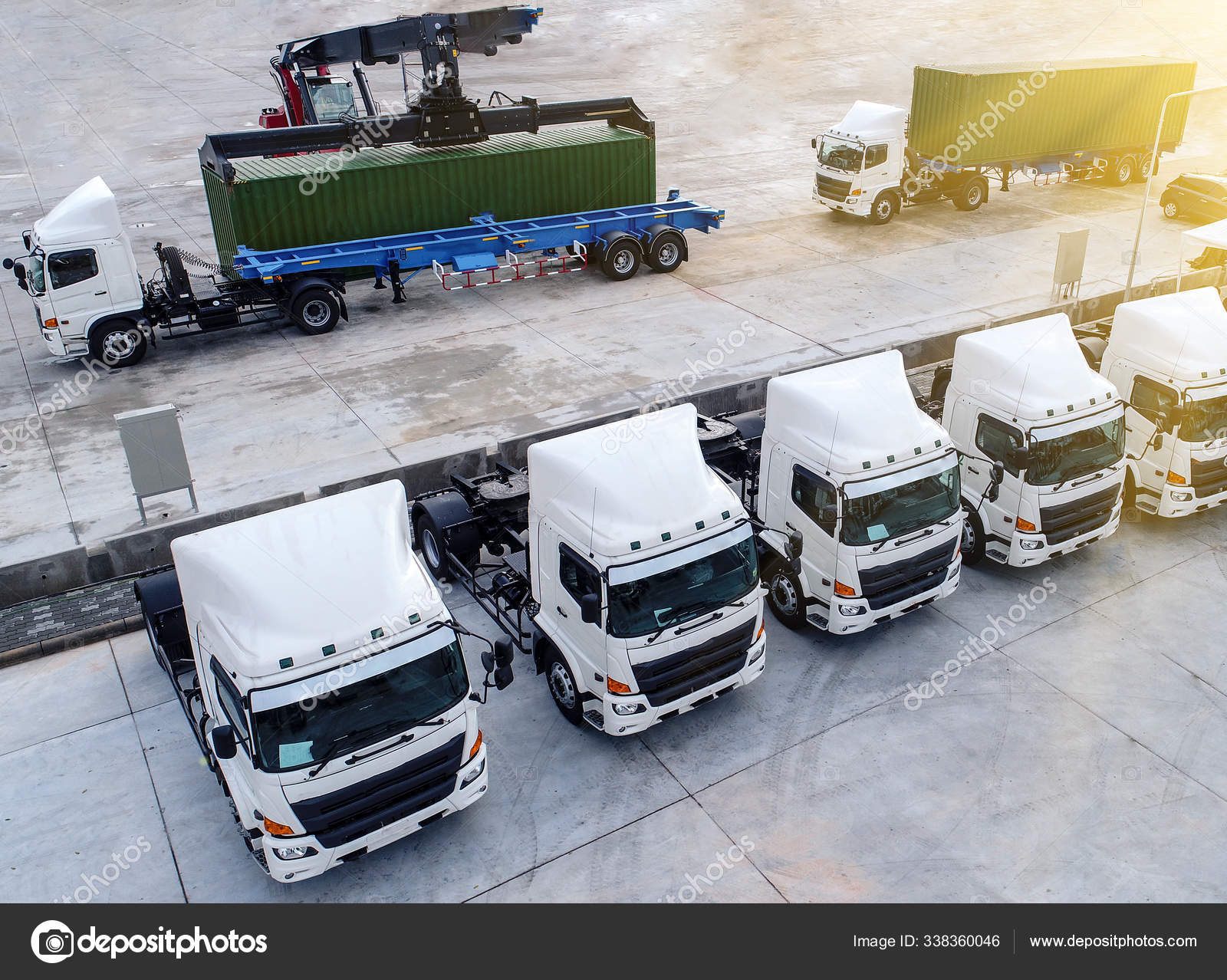 Aerial Top View Row Trucks Trailer Standing Command Cargo Being – Stock ...