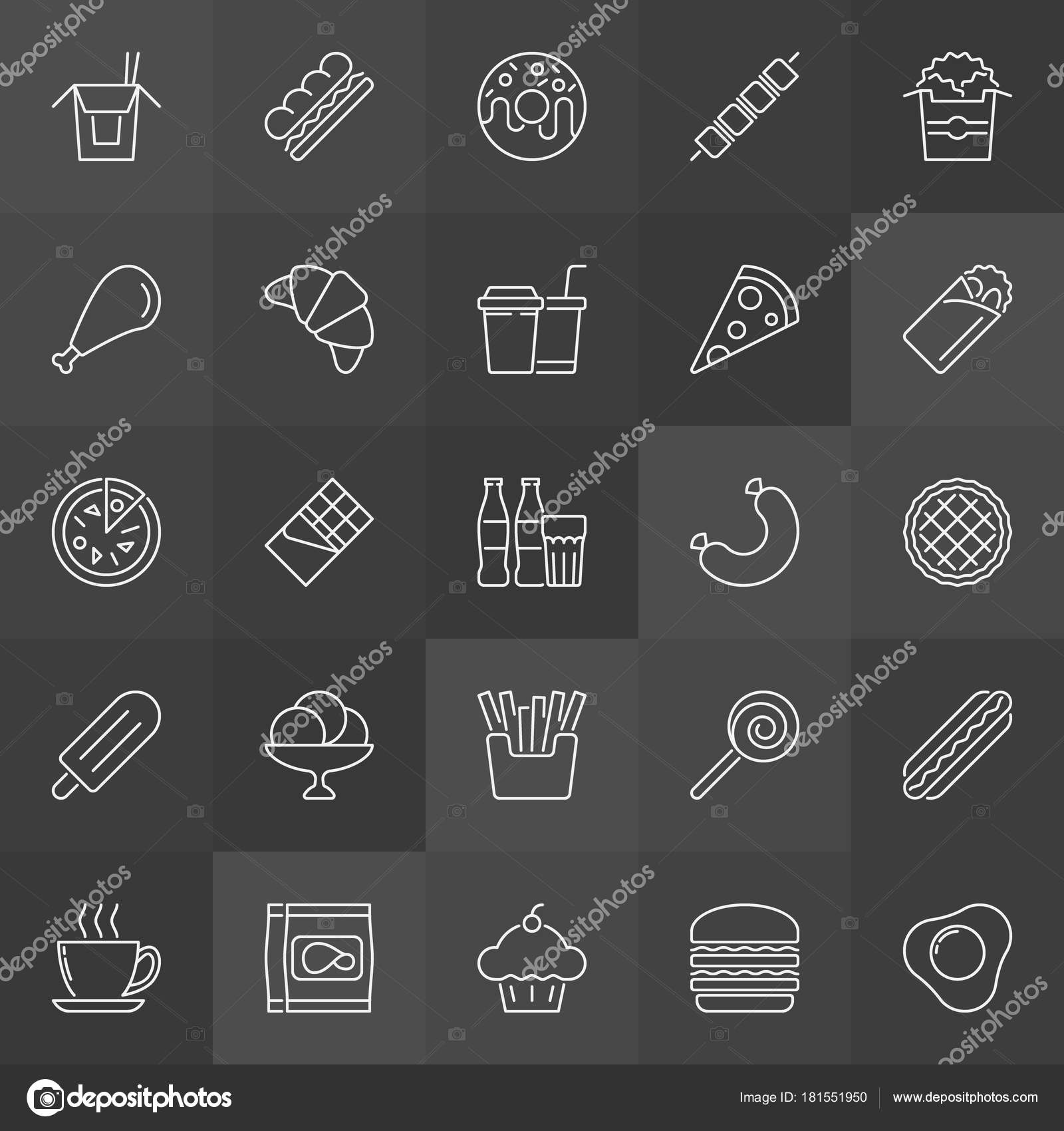 Unhealthy junk food outline icons set. Vector Fast Food signs Stock ...