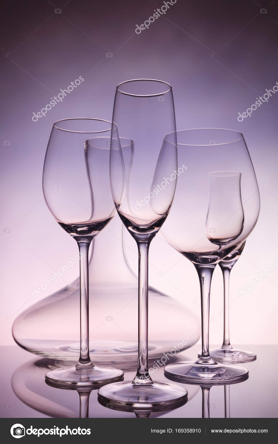 Glassware selection with wine, champagne, liquour glasses and de ...