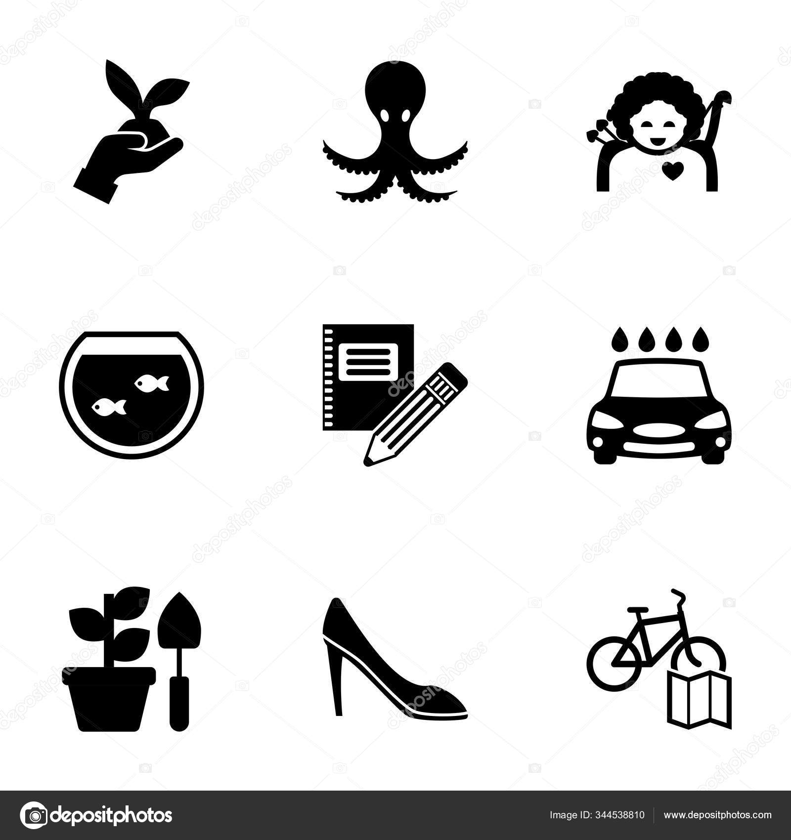 9 silhouette filled icons set isolated on white background. Icons set ...
