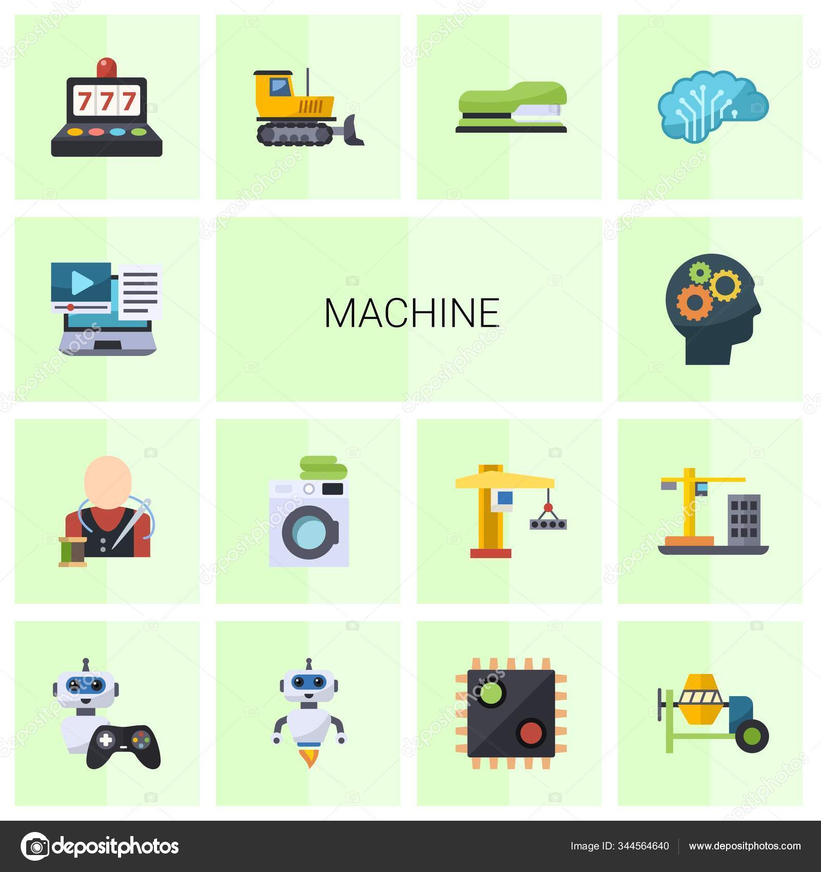 14 machine flat icons set isolated on white background. Icons set with ...