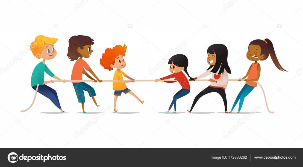 남자와 여자 사이의 줄다리기 경연입니다 당기는 반대 하는 다른 섹스의 어린이의 두 그룹 밧줄의 끝 아이 들 팀 스포츠 사이에서 남녀 평등의 개념 배너에 대 한 벡터
