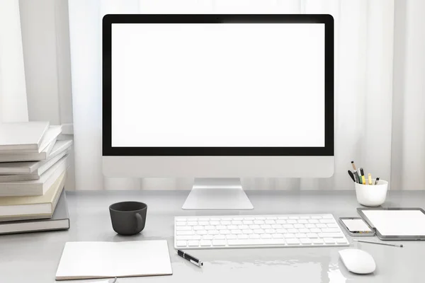 Front view of workpark with blank white computer screen, coffee cup ...