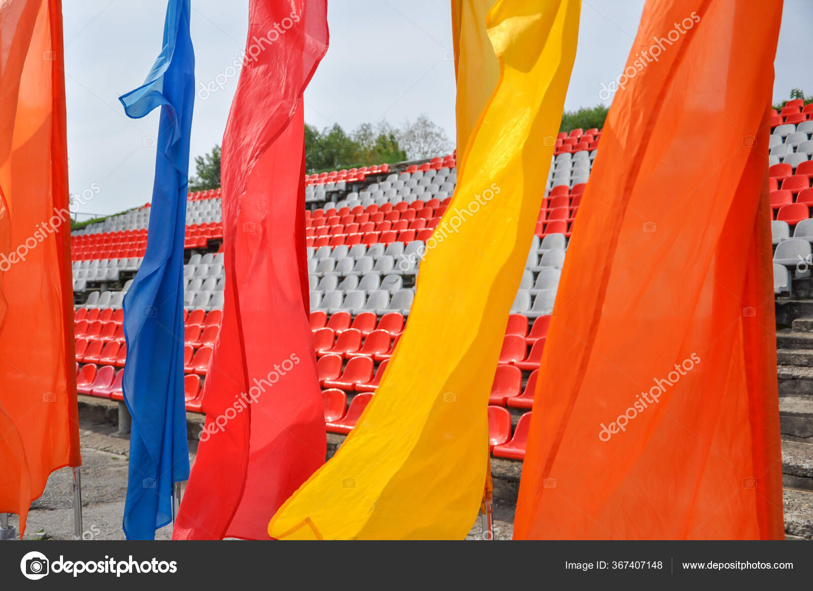 Colorful Waving Flags Empty Seats Stands Arena Auditorium Rows Red ...