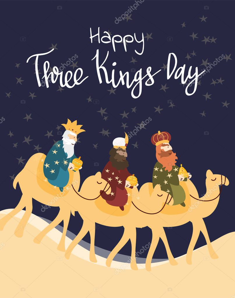 Tarjeta de ilustración vectorial para la celebración del Feliz Día de los Tres Reyes. Lindo ...
