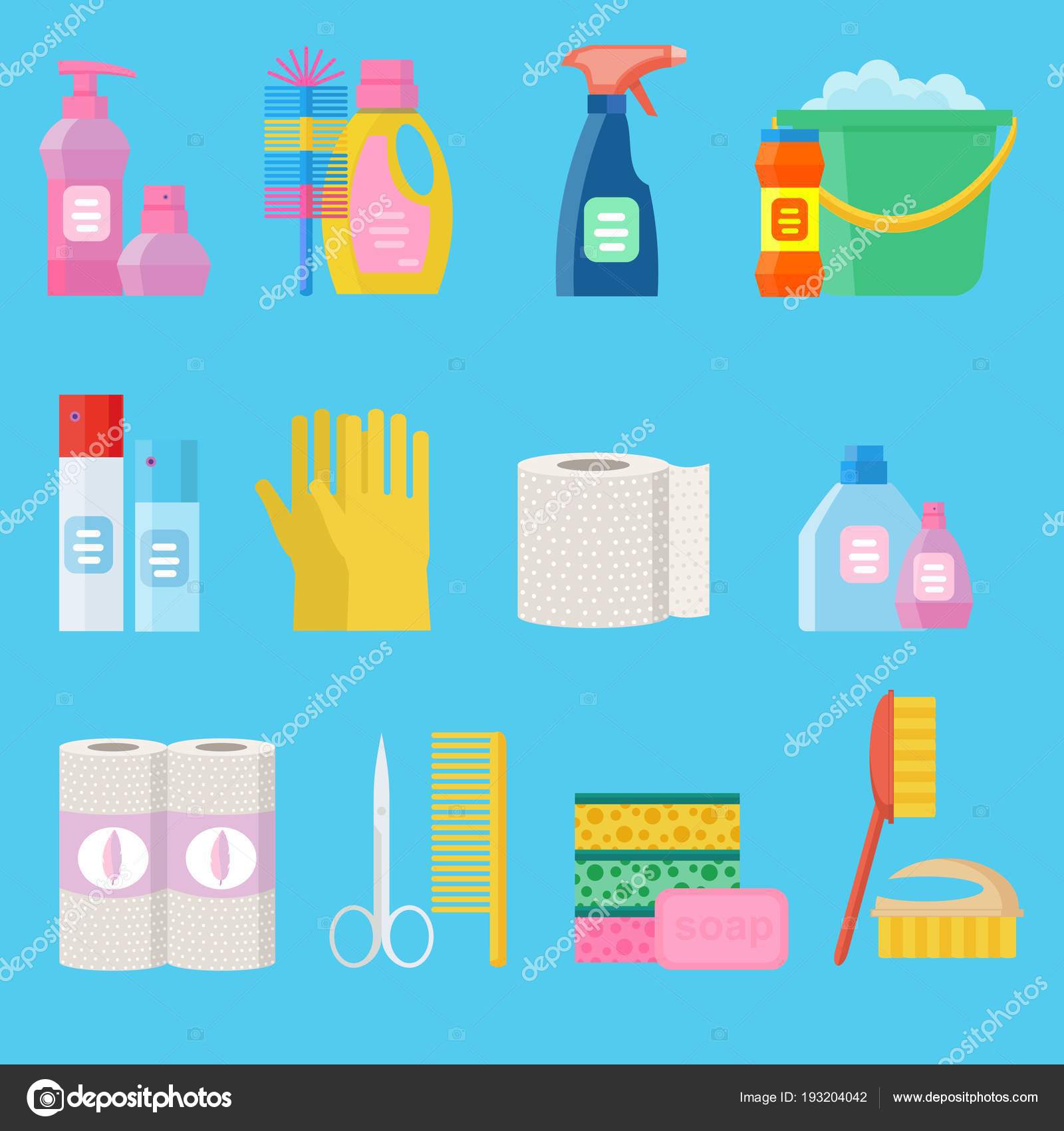 Vector hygiene and cleaning products flat icons. Stock Vector Image by ...