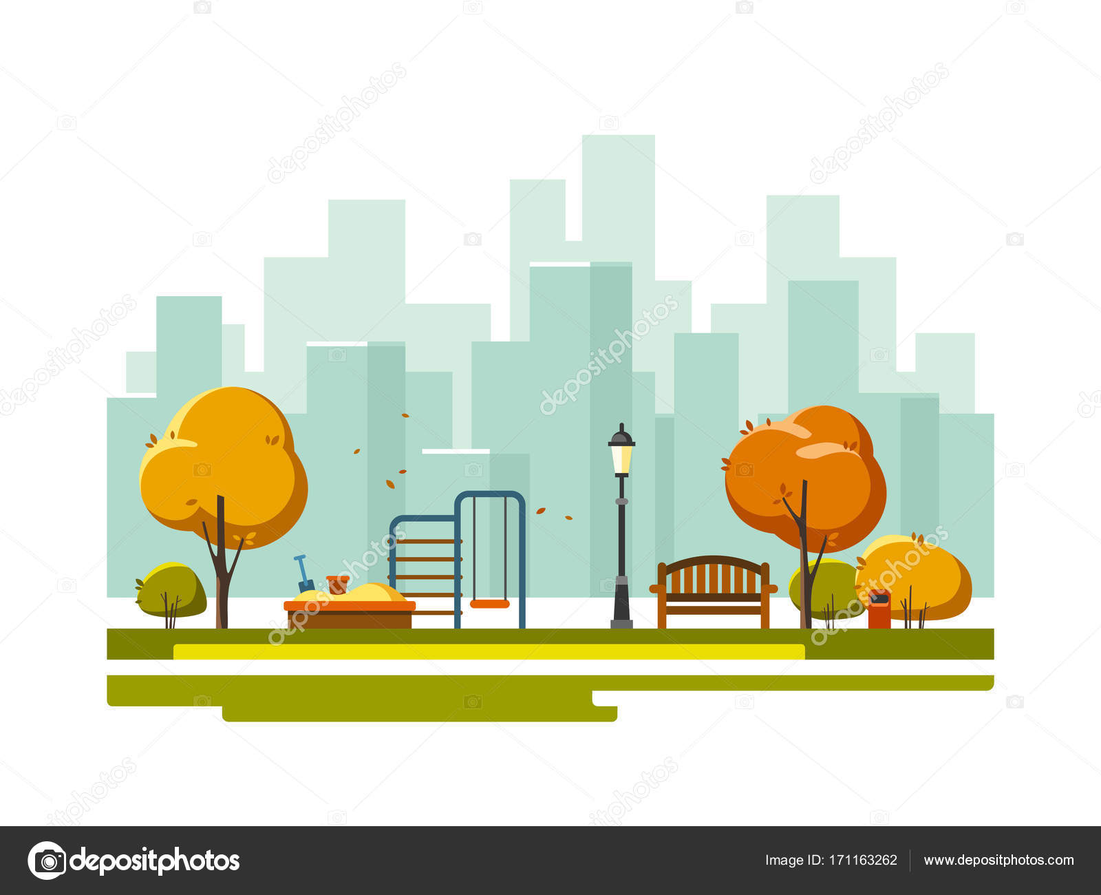 Autumn landscape background. Public park with children playground ...