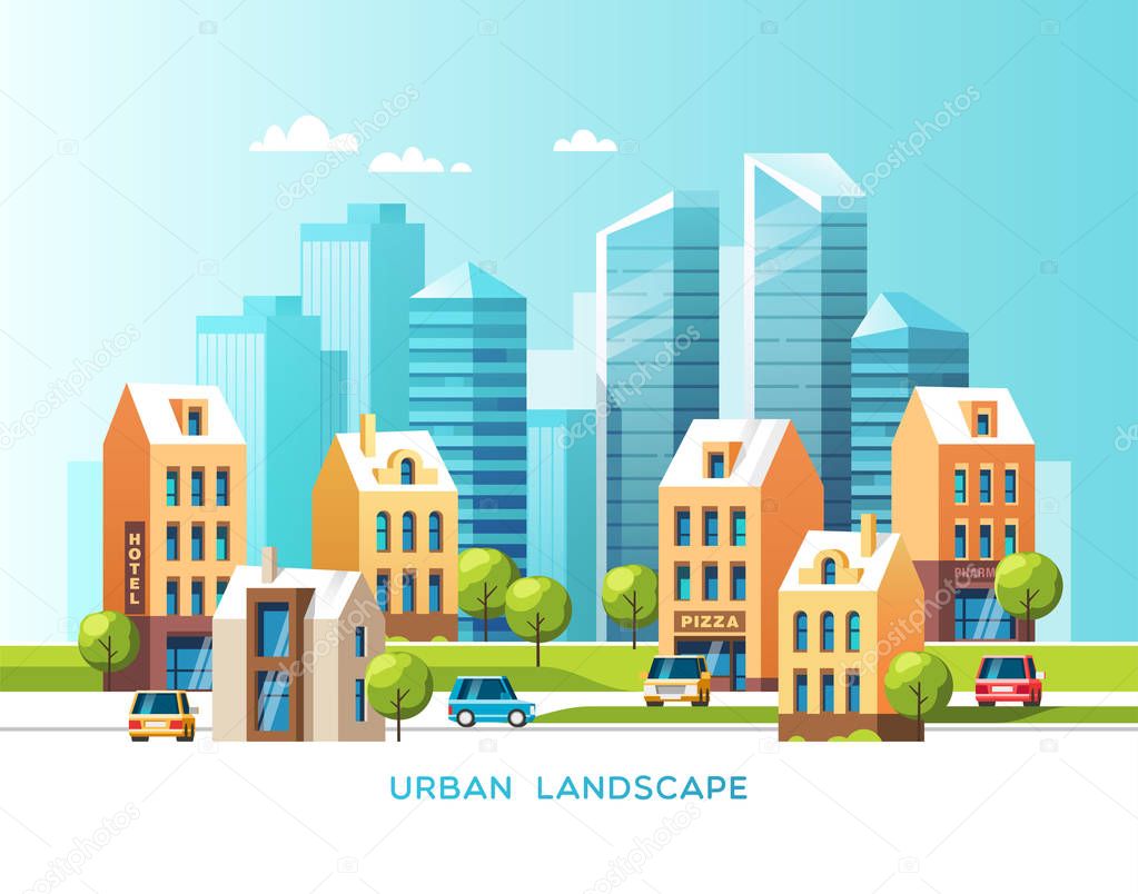 Paisaje urbano de verano. Ciudad con rascacielos y edificios y casas tradicionales, rboles ...