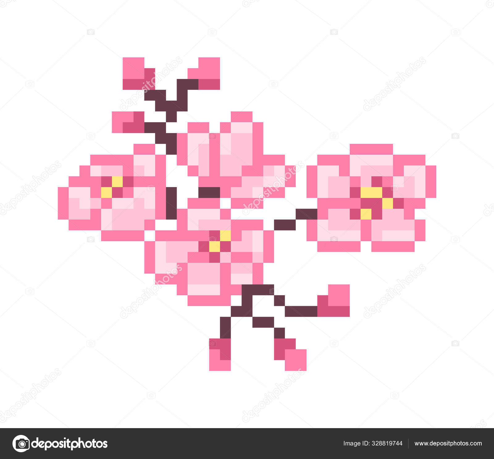 Blooming pink sakura branch with flowers and buds, pixel art ico Stock ...