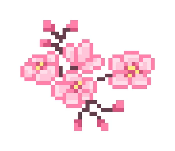 Blooming pink sakura branch with flowers and buds, pixel art ico ...