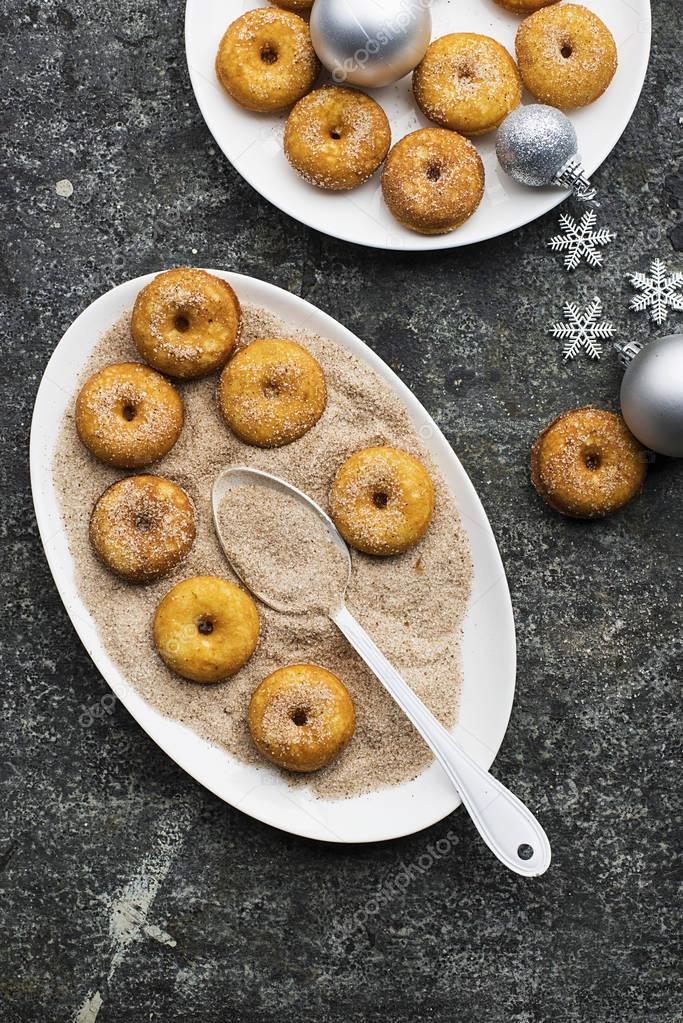 Appetizing ruddy traditional donuts with sugar and cinnamon on an oval ...