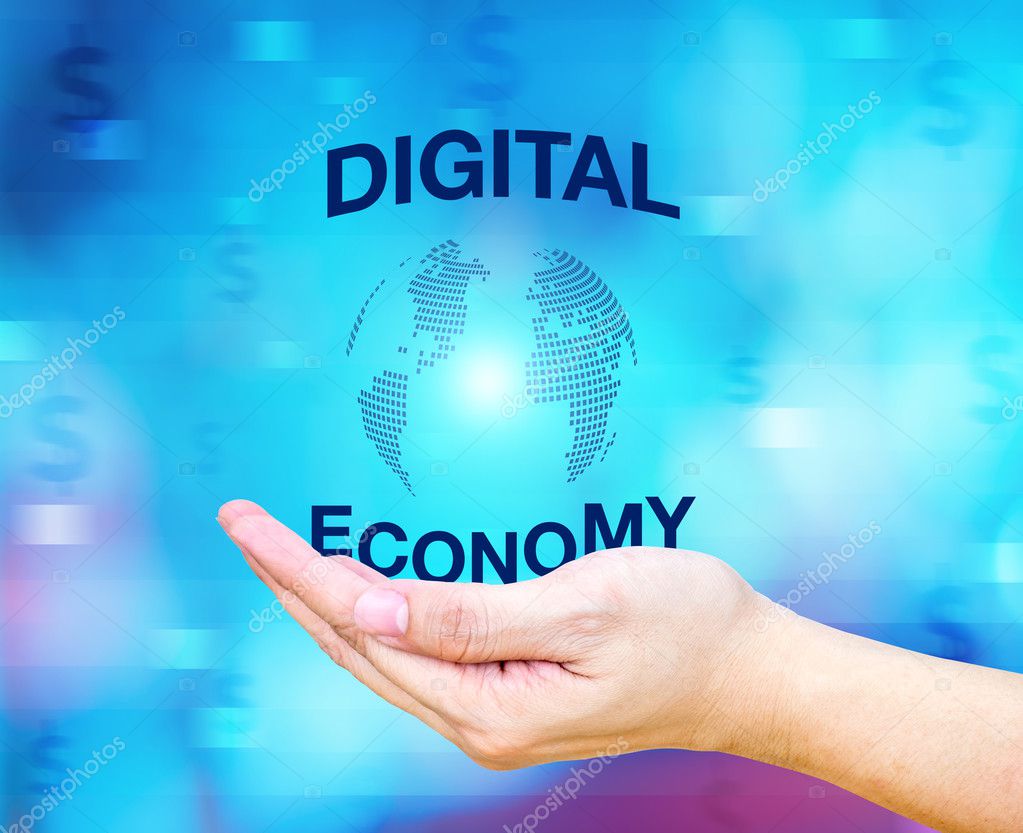 Digital economy and world globe on blue blurred background,Digit Stock ...