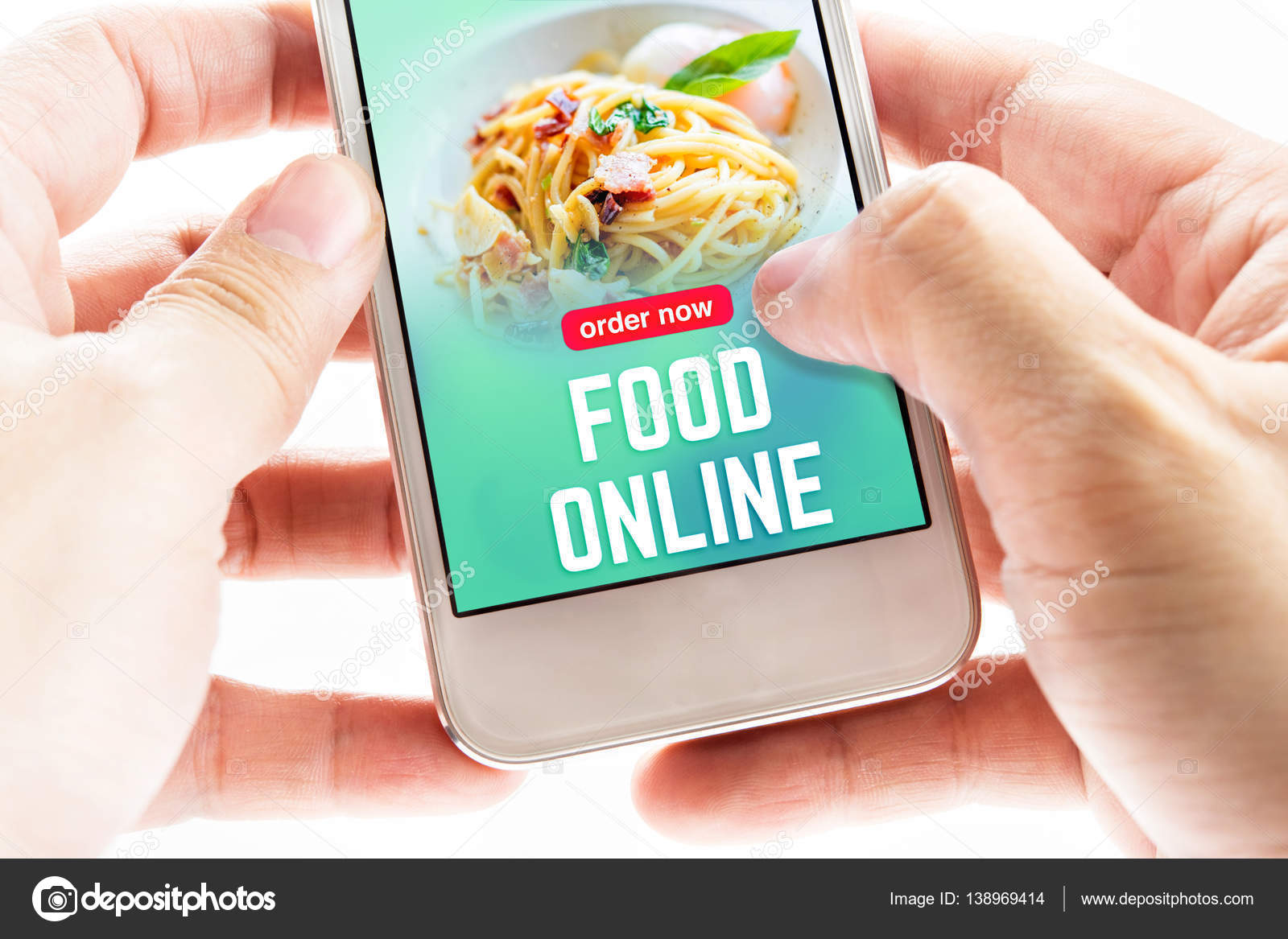 Close up Two hand holding mobile phone with food online word and Stock ...