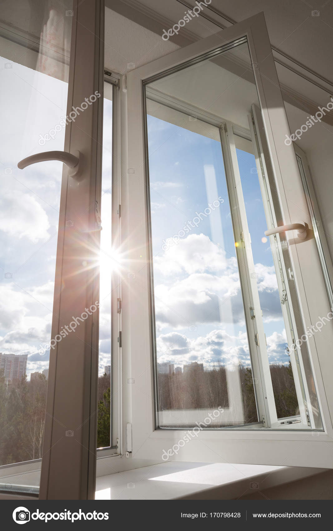 Opened plastic window on sunny day under sun rays — Stock Photo ...