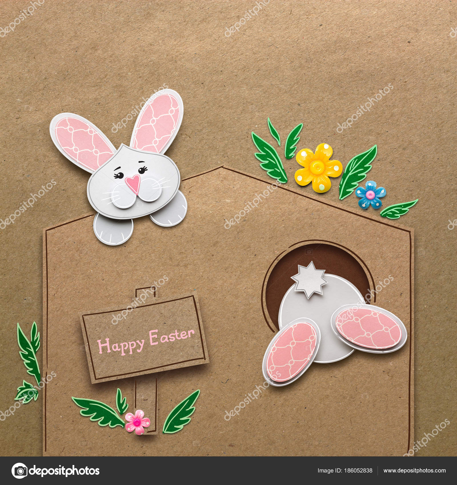 Creative Easter Concept Photo Rabbits Hole Made Paper Brown Background ...