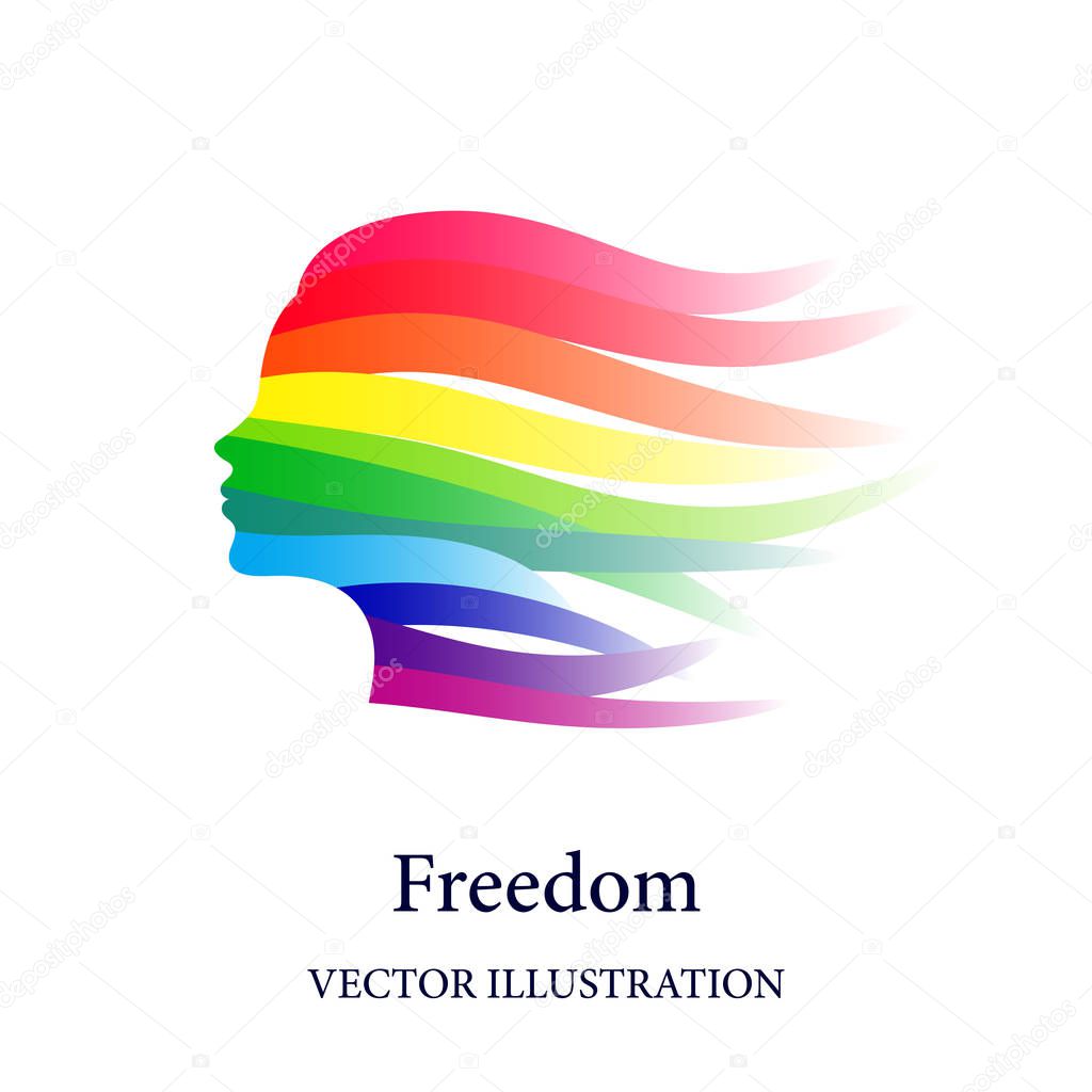 Freedom concept with female face consisted of rainbow ribbons in the ...