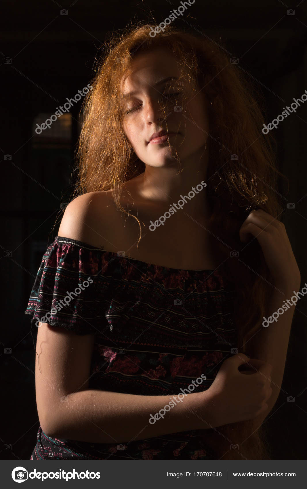 Sensual Young Red Haired Model With Freckles Woman With Long Re