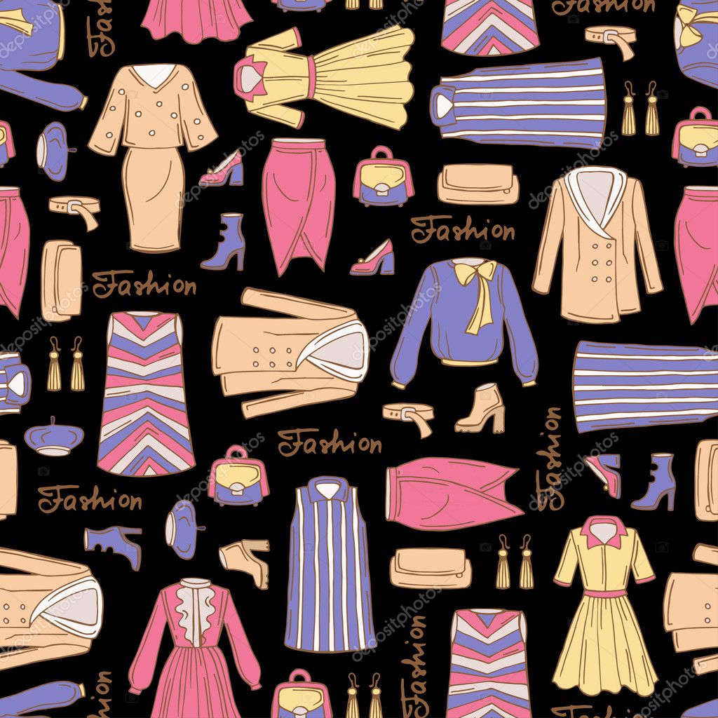Pattern with hand drawn colored fashionable clothes for women on black ...