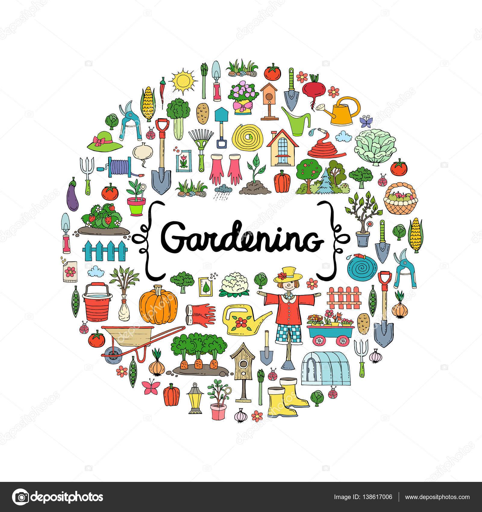 Decorative cover with hand drawn colored symbols of garden. Vector ...