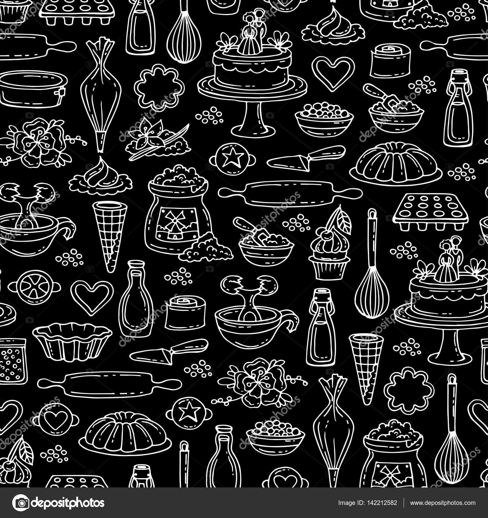 Vector seamless pattern with hand drawn cakes on black color. Pattern ...