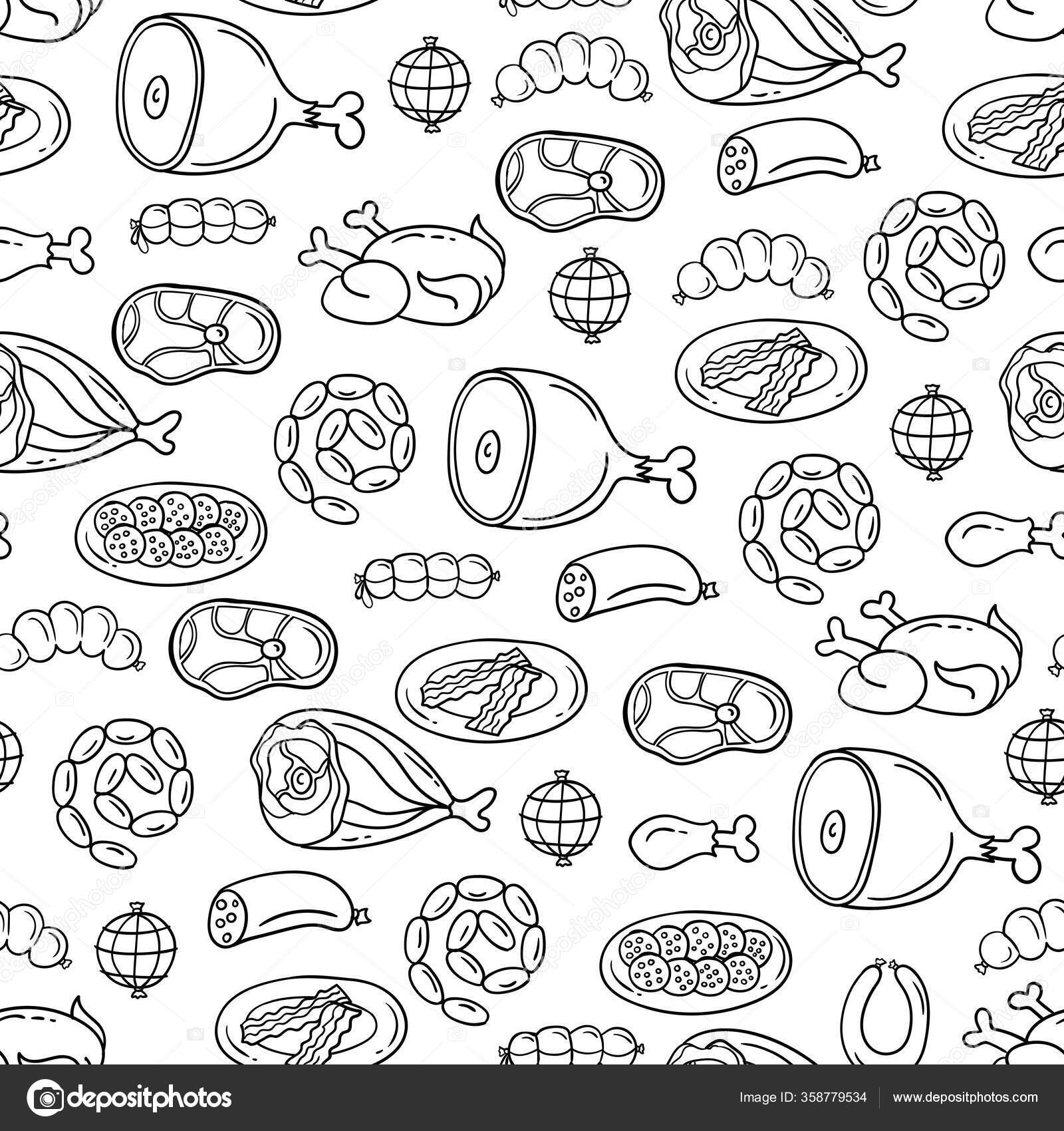 Vector Pattern Theme Food Background Isolated Meat Sausage Chicken Pork ...