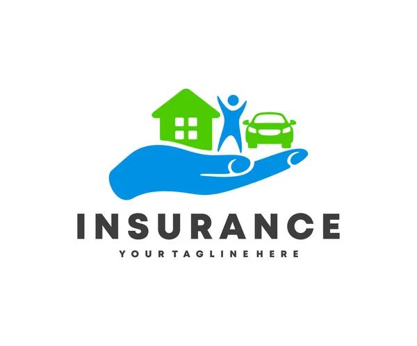 Insurance, in the palm of hand holds a person, a car and a house, logo ...