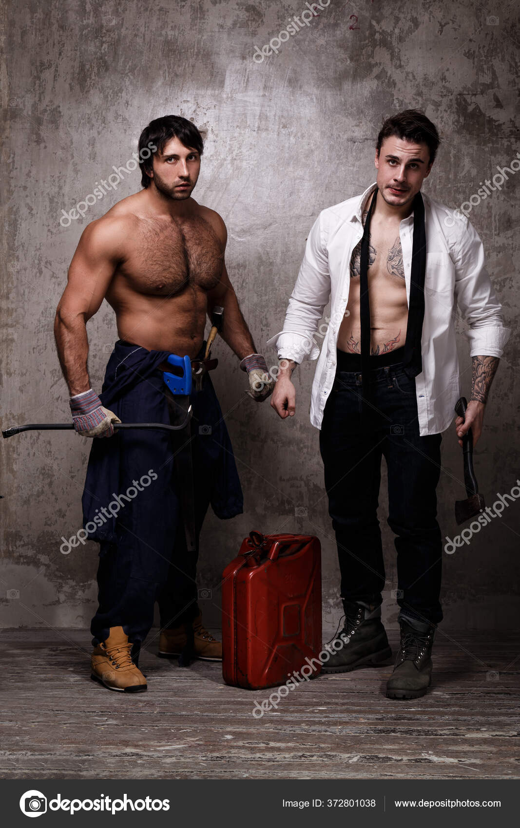 Strong Crazy Men Construction Tools Stock Photo by ©racool_studio 372801038