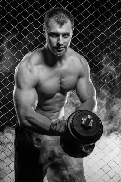 Beautiful Strong Man Dumbbell Fence Background Stock Photo by ©racool ...