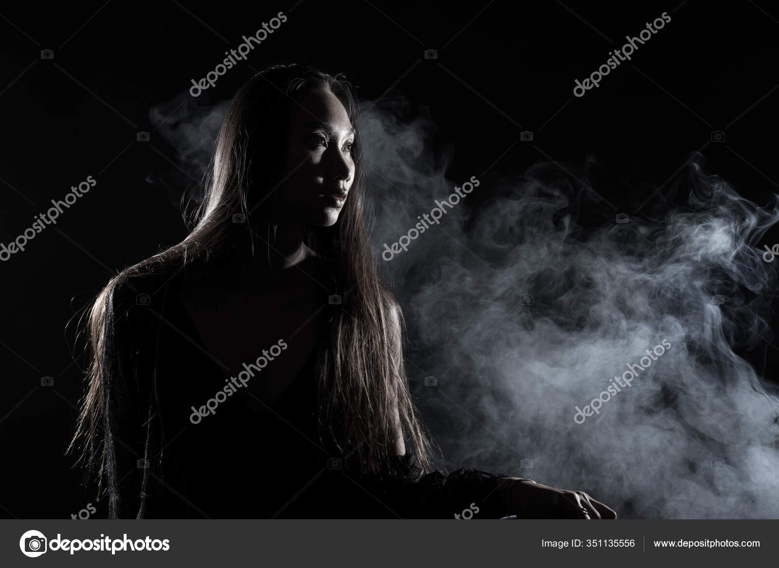 White Smoke Tan Skin Asian Woman Black Straight Hair Dense Stock Photo ...