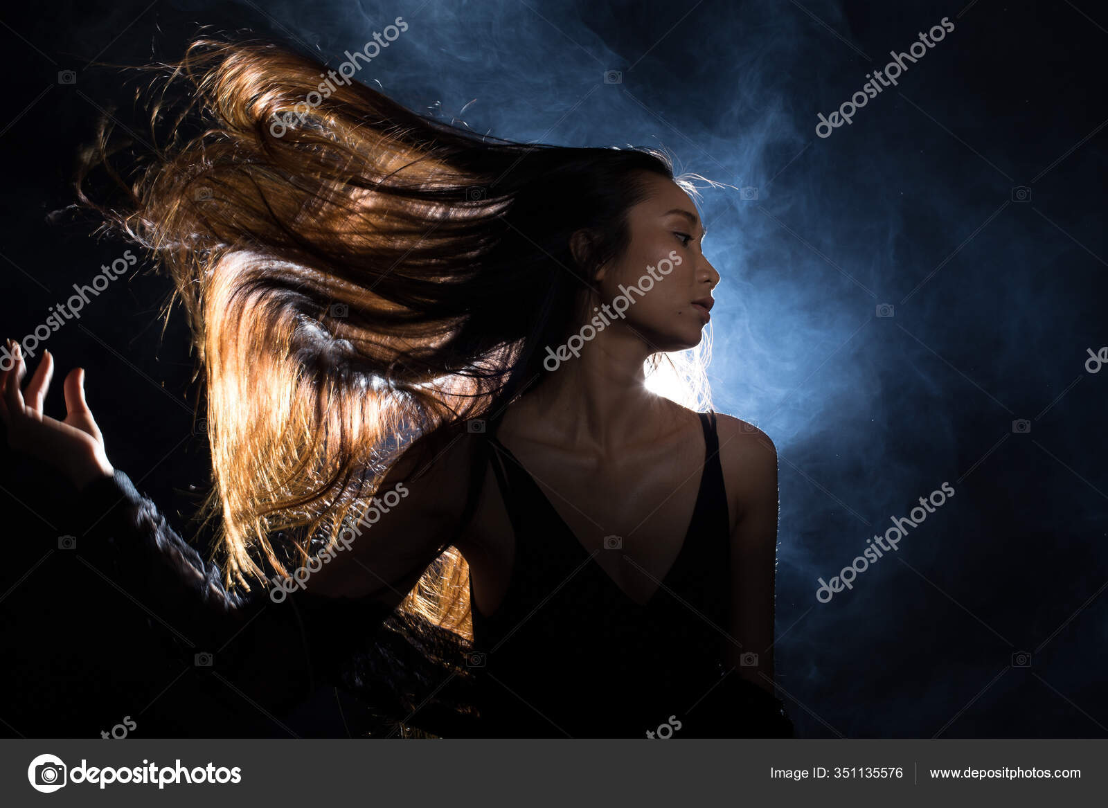 White Smoke Tan Skin Asian Woman Black Straight Hair Light — Stock ...