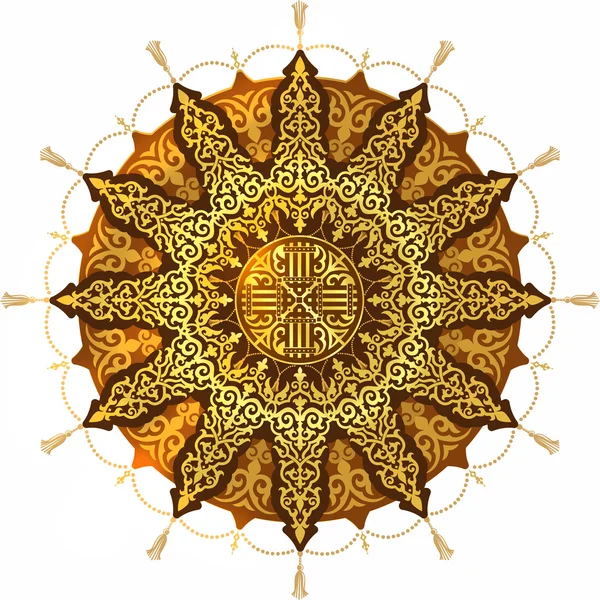 Beautiful background shanyrak interior ceiling, chic golden symbols of ...