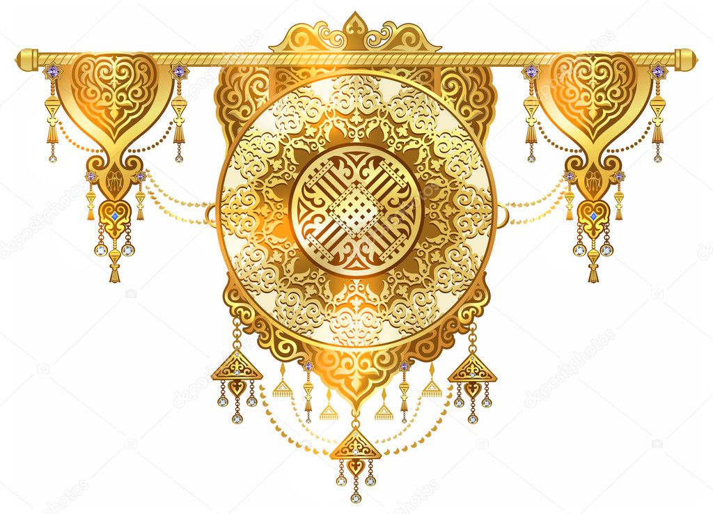 Beautiful background shanyrak interior ceiling, chic golden symbols of ...