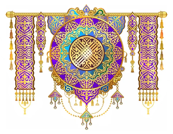 Beautiful background shanyrak interior ceiling, chic golden symbols of ...