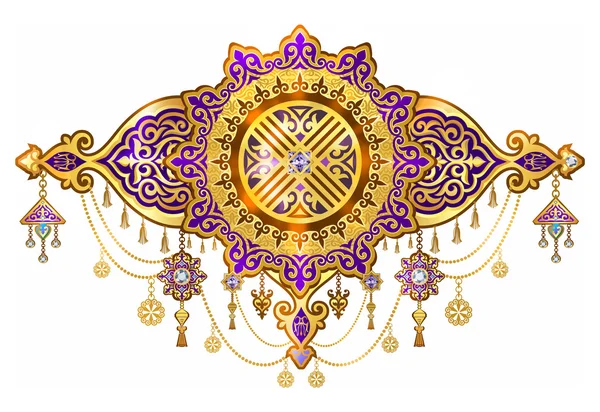 Beautiful background shanyrak interior ceiling, chic golden symbols of ...