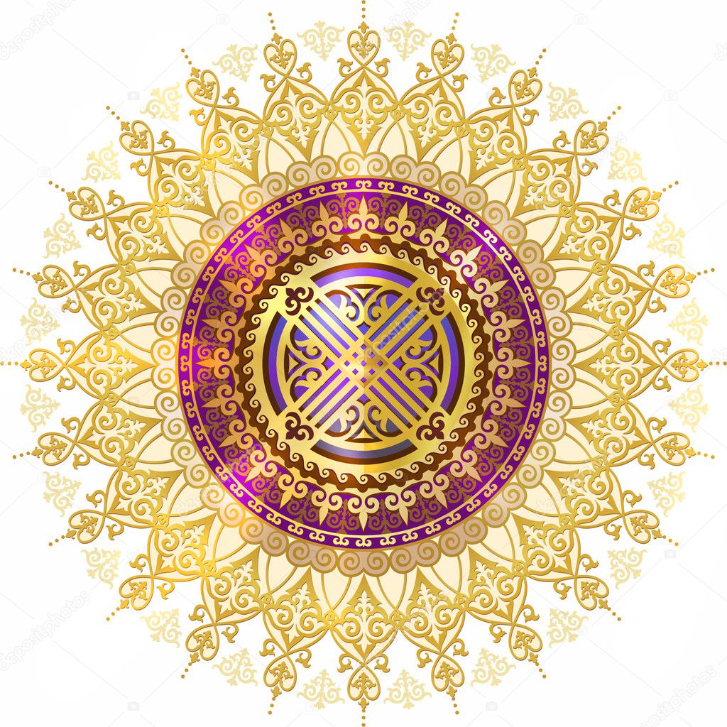 Beautiful background shanyrak interior ceiling, chic golden symbols of ...