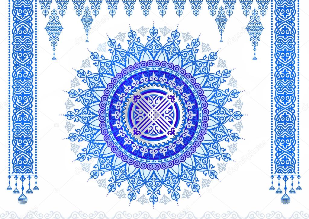 Beautiful background shanyrak interior ceiling, chic golden symbols of ...