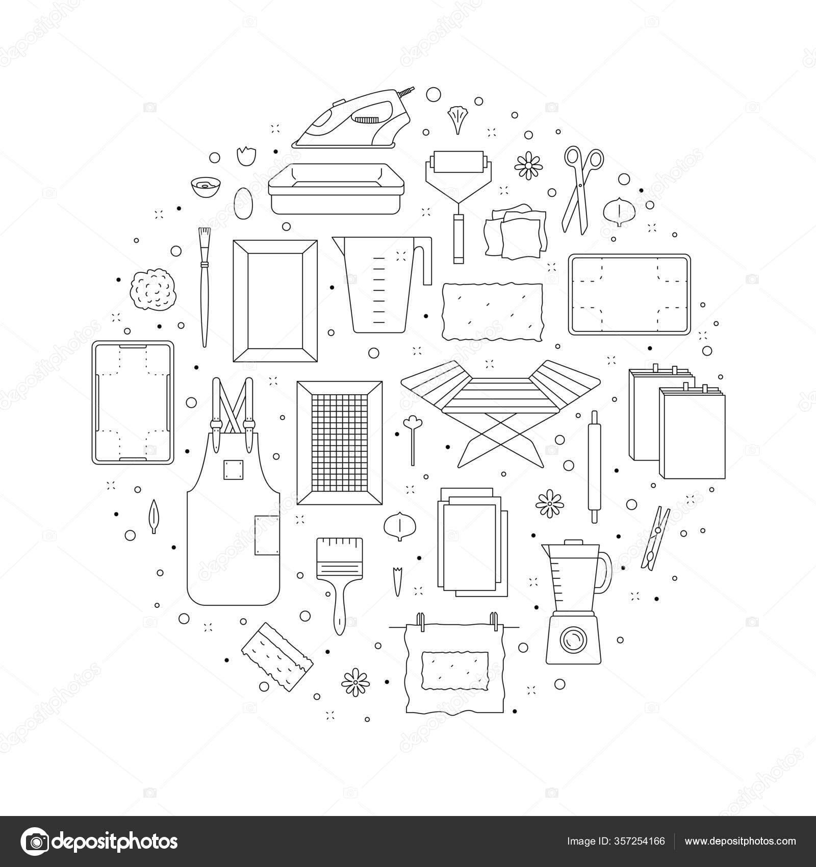 Vector Illustration Thin Line Icons Items Hand Papermaking Related Logo ...