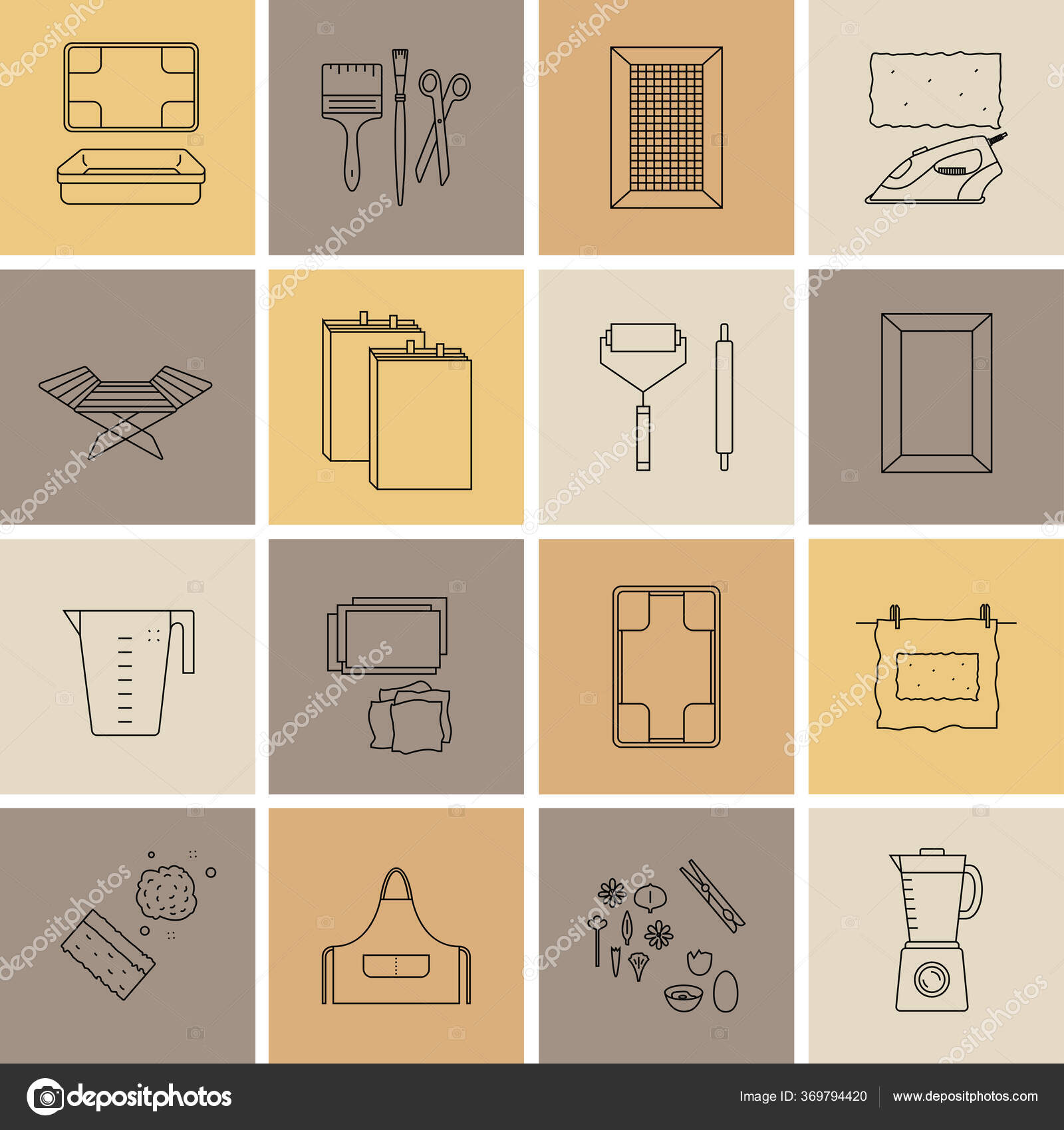 Vector illustration. Thin line icons of the items for hand papermaking ...
