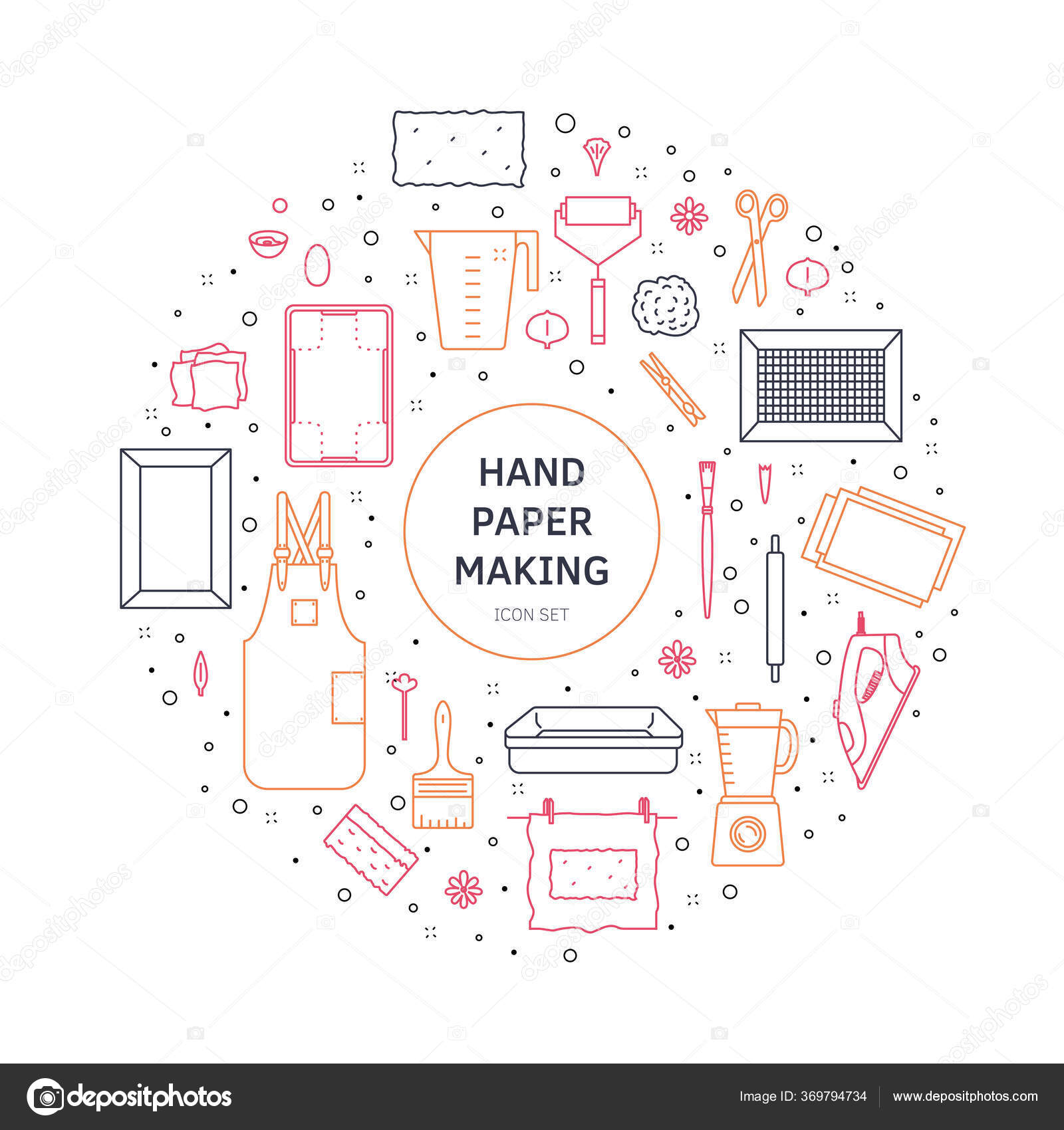 Vector illustration. Thin line icons of the items for hand papermaking ...