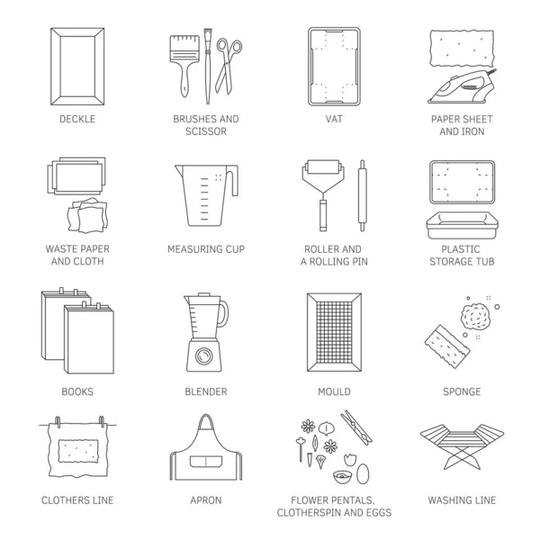 Vector illustration. Thin line icons of the items for hand papermaking ...