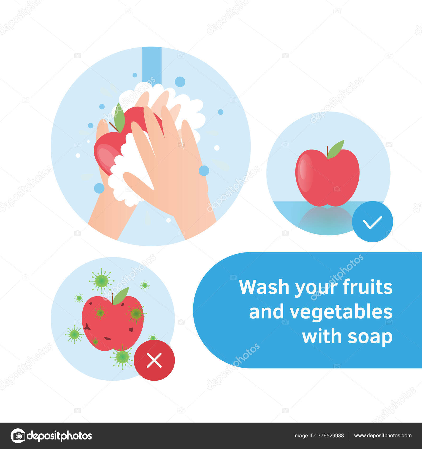 Wash fruits and vegetables. Black hands holding apple under water tap ...
