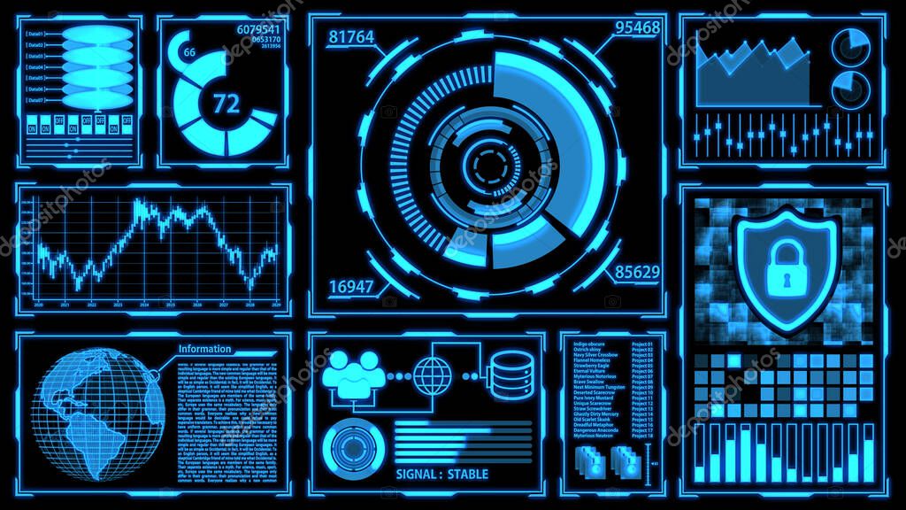Transferencia de datos, transmisi n y transformaci n digital HUD pantalla con detalles en color ...