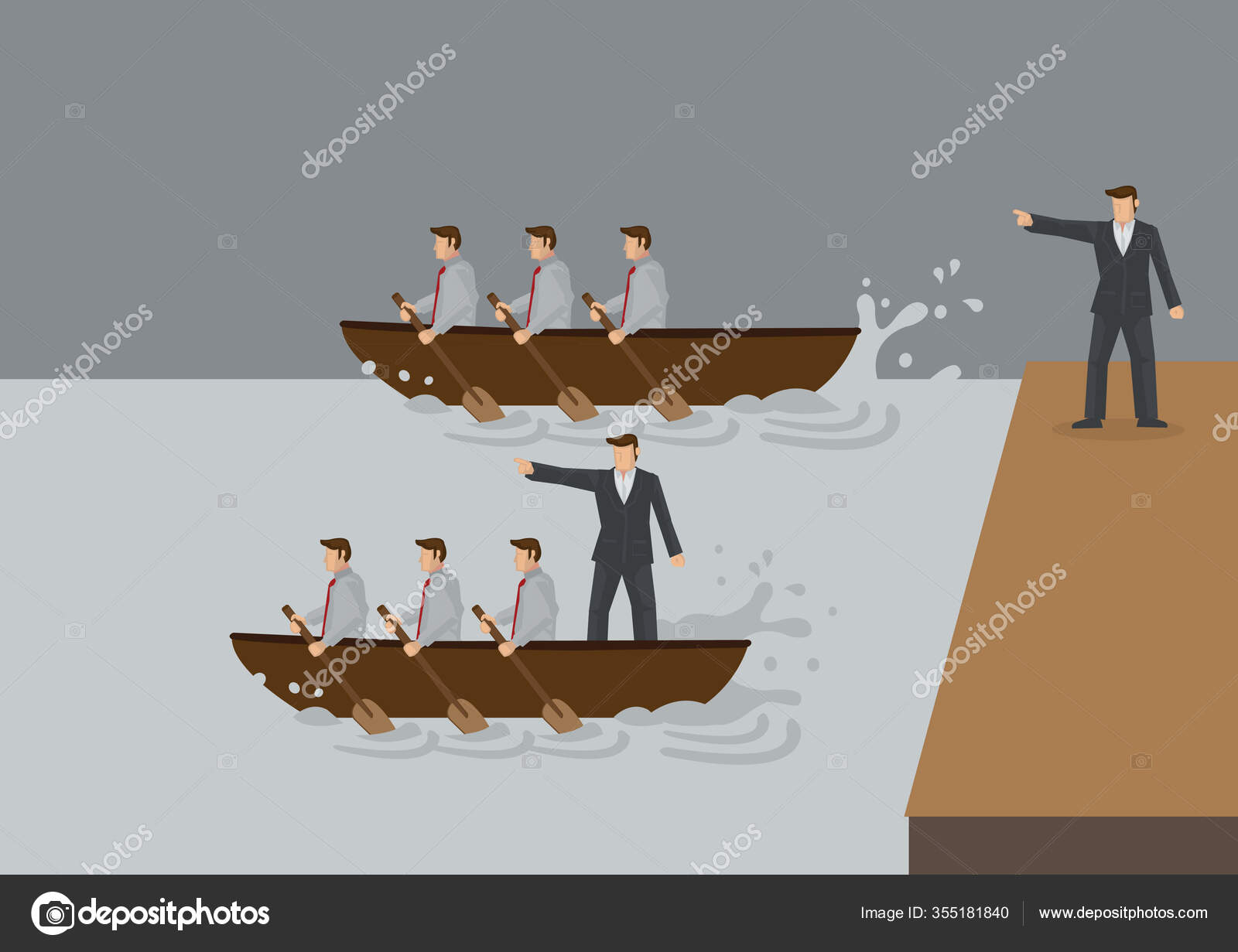 Duas Equipas Pessoas Remar Barco Água Uma Com Líder Terra Vetor de ...